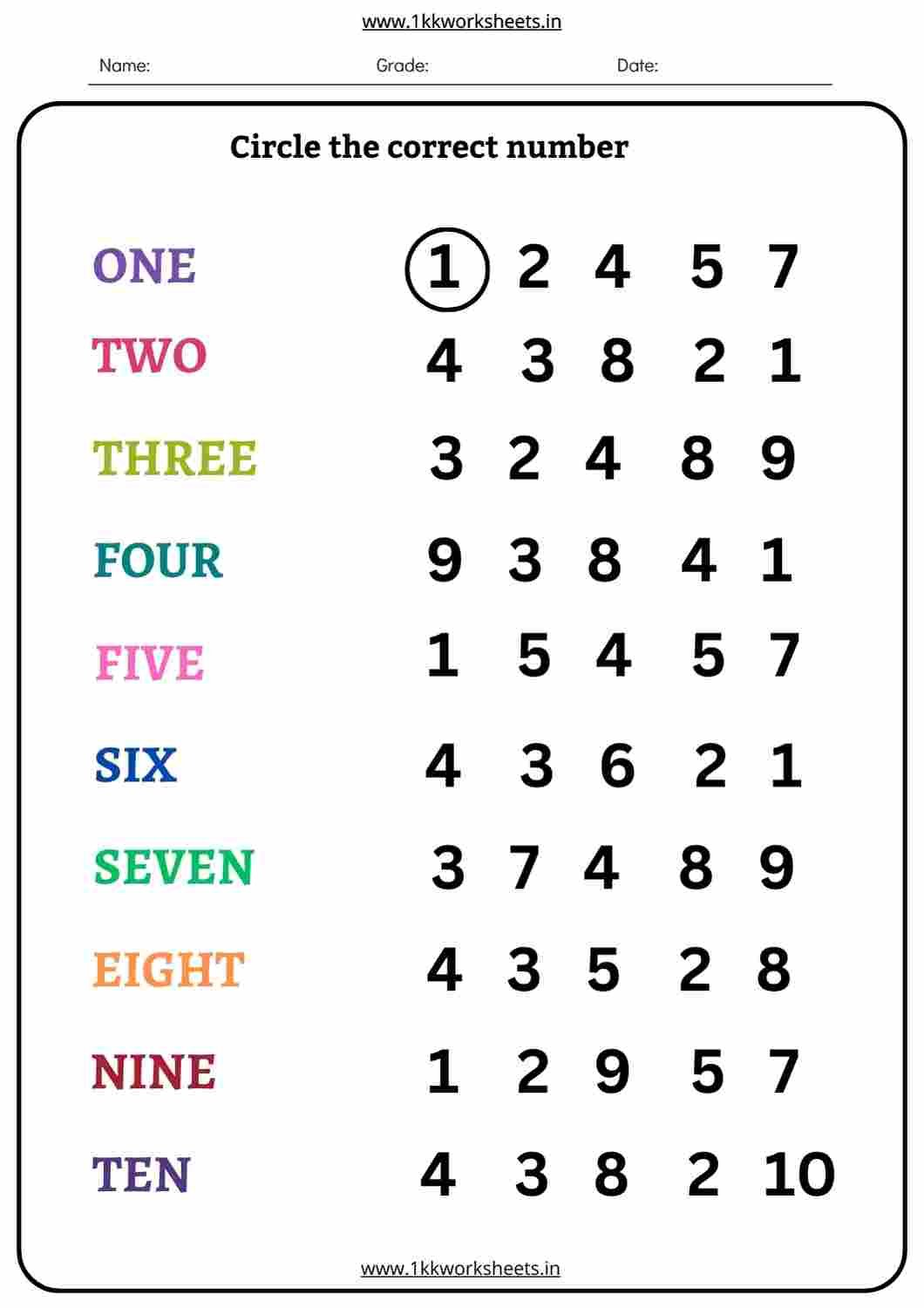 Circle the Correct Number 1 to 10 - 1k WorkSheets